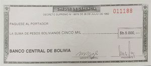 Banknote: 5,000 Pesos Bolivianos (Bolivia) (Cheque de Gerencia Issue ...