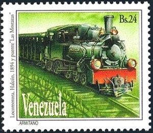 Stamp: Halcon steam locomotive on Las Mostazas bridge (Venezuela) (19th ...