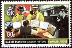 Stamp: Police with Radios (Communication) (Isle of Man(150th Anniv of ...