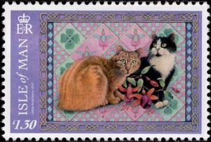 Stamp: Ginger and Black and White Manx Cats, on a Fuschia Quilt. (Isle ...