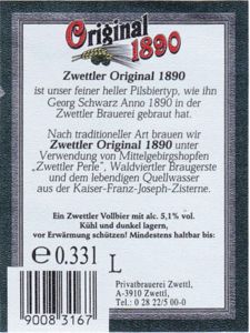 Drink Label: Zwettler Original 1890 (Privatbrauerei Zwettl, AustriaCol ...