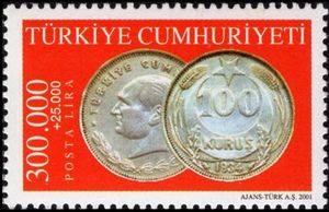 Stamp: 100 Kurus (1934) (Türkiye (Turkey)(Coins of Seljuk, Ottoman and ...