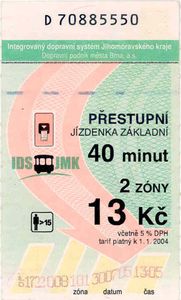 Prepravný lístok: 40 minutes - 2 zones - IDS JMK (Integrovaný dopravní ...