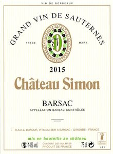 Drink Label: Barsac AOC 2015 - Chateau Simon (EARL Dufour, FranceCol:FR ...