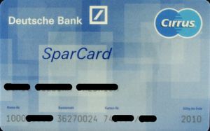 Bank Card: SparCard Cirrus (Deutsche Bank, Germany, Federal RepublicCol ...