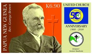 Stamp: Rev. George Brown (Papua New Guinea(50th Anniversary of United ...
