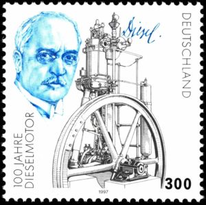 Stamp: Rudolf Diesel and first oil engine (Germany, Federal RepublicMi ...