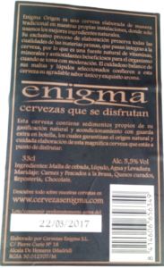 Drink Label: Enigma Origen (Cervezas Enigma S.L, SpainCol:ES-BEER-000537