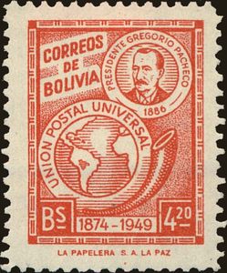Stamp: Pres. Gregorio Pacheco, map and post horn (Bolivia(75th ...