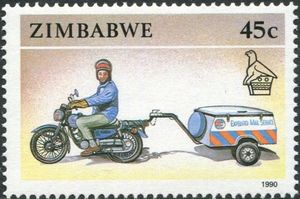 Stamp: Mail Motorcycle and Trailer (Zimbabwe(Animals, Hand Crafts and ...