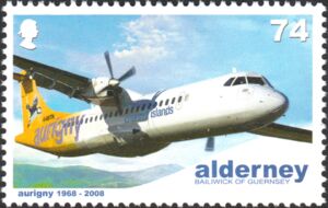 Stamp: Atr 72 (Alderney(40 years of Aurigny air services) Mi:GG-AL 344 ...