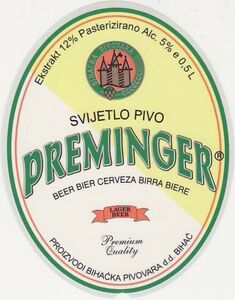 Etikete pića: Preminger svijetlo pivo (Pivara Bihac, Bosna i ...