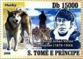 Stamp: Knud Johan Victor Rasmussen with Husky (São Tomé and Príncipe ...