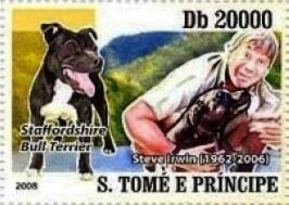 Stamp: Steve Irwin with Staffordshire Bull Terrier (São Tomé and ...