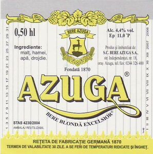 Drink Label: Azuga (Fabrica de bere Azuga, RomaniaCol:RO-BEER-000506
