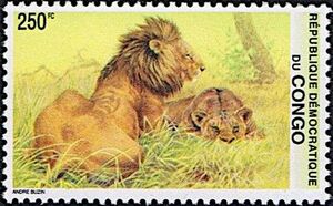 Stamp: Lion and lioness (Congo, Democratic Republic (Kinshasa)(Lions ...