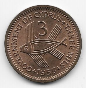 Moneda: 3 Mils (Chipre(1952~1960 - Isabel II) Col:CY-000025,WCC:km33 🪙