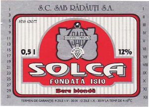 Etiqueta de bebida: Solca (Fabrica de bere Solca, Rumanía) Col:RO-BEER ...