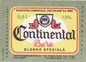 Etiqueta de Bebida: Continental (Bere Trei Stejari Sibiu, Romênia) Col ...