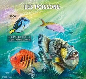 切手: Blue Tang (Paracanthus hepatus) (中央アフリカ共和国(Fishes 2015) Mi:CF ...