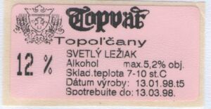 Drink Label: H138I-Topvar 12 (Pivovar Topvar Topoľčany, SlovakiaCol:SK ...