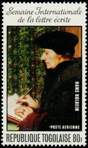 Stamp: Erasmus writing letter, by Hans Holbein (Togo(Letter Writing ...