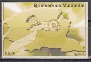 Stamp: Spatz über Karte des Muldentalkreises (Germany, Modern Private ...