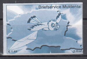 Stamp: Spatz über Karte des Muldentalkreises (Germany, Modern Private ...