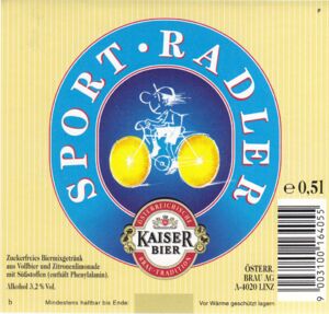 Drink Label: Kaiser Sport Radler (Brau Union Österreich AG, AustriaCol:AT-BEER-005230