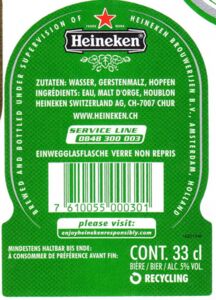 Drink Label: Heineken (Calanda Getränke AG, SwitzerlandCol:CH-BEER-000565