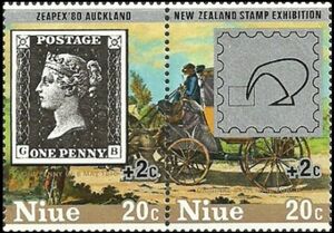 Stamp: Penny Black & Bath Mail Coach and Logo (Niue(Zeapex ’80) Mi:NU ...