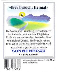 Flaschenetikett: Sonnenbräu Lager hell (Sonnen Bräu Rebstein, SchweizCol:CH-BEER-001632