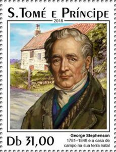 Stamp: George Stephenson in Front of his Birth Place (São Tomé and ...