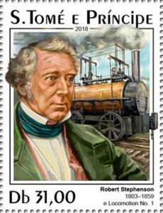 Stamp: Robert Stephenson and Locomotion Nr 1 (São Tomé and Príncipe(170th Death Anniversary of ...
