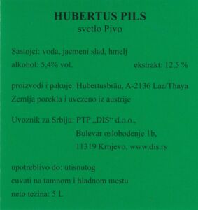 Drink Label: Hubertus Pils (Hubertus Bräu, AustriaCol:AT-BEER-005950