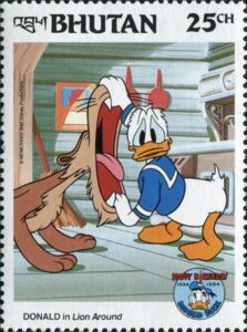 Stamp: Donald in "Lion Around" (Bhutan) (Disney - The 50th Anniversary ...