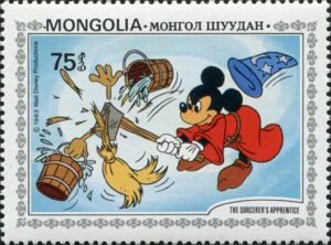 Stamp: Mickey uses the Axe on the Broom to try to stop it (Mongolia ...
