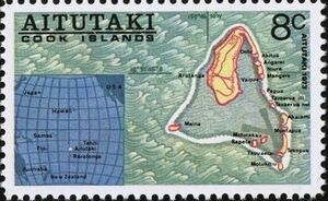 Stamp: Map of Aitutaki and Inset Location Map (Aitutaki(William Bligh's ...