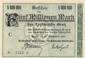 Banknote: 5 Millionen Mark (German Notgeld(Greiz) Kel:1896d.1.2