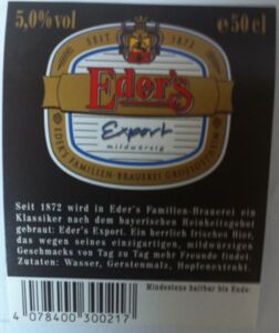 Drink Label: Eder's Export (Eder & Heylands Brauerei, Germany, Federal ...
