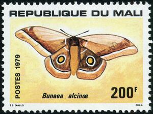 Stamp: Cabbage Tree Emperor Moth (Bunaea alcinoe) (Mali(Butterflies ...