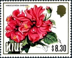 Stamp: Hibiscus rosa-sinensis (Niue(Flowers and Queen Elizabeth II) Mi ...