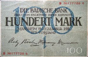 Banknote: 100 Mark (German States(Badische Bank-Bank of Baden) Wor:P ...