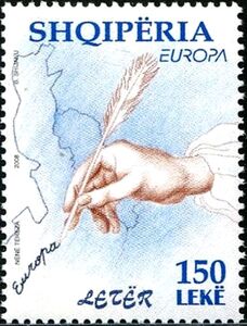 Stamp: Hand holding quill pen, map of Albania and Adriatic region ...