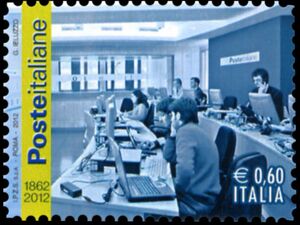 Stamp: 150th Anniversary Italian Postal Service - Modern Ofices (Italy ...