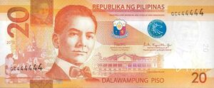 Banknote: 20 Piso (Philippines(2010-2022 "New Design" Issue) Wor:P-206c ...