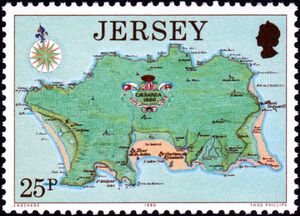 Stamp: Map of Jersey showing Fortresses by Thomas Pillips (Jersey(300th ...