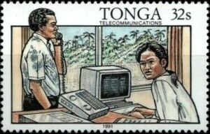Stamp: Man on telephone, woman at computer (Tonga(Telecommunications ...