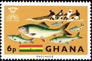 Stamp: Bonga Shad (Ethmalosa fimbriata), Fisherman and Flag (Ghana ...