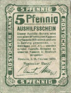 Banknot: 5 Pfennig (Niemcy - notgeldy(Rostock) Gra:R46.3a,Tie:6220.15.10 💴